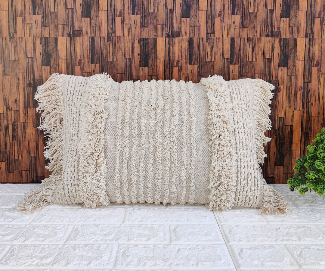 White Textured Fringe 14x20 Inches Cotton Pillow Cover - Etsy