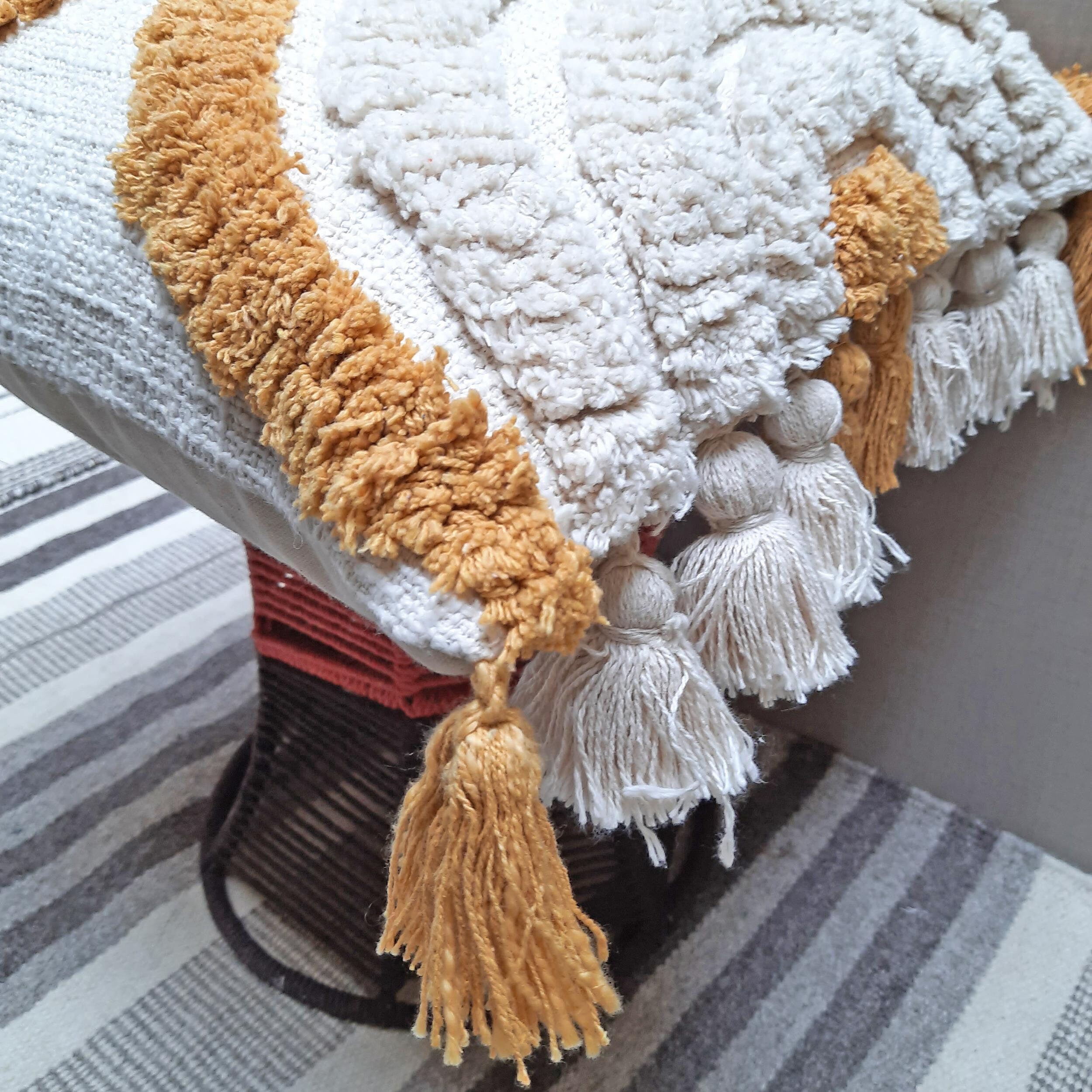 Ivory White and Mustard Yellow Tufted Textured Tassel 20x20 Inches Boho ...
