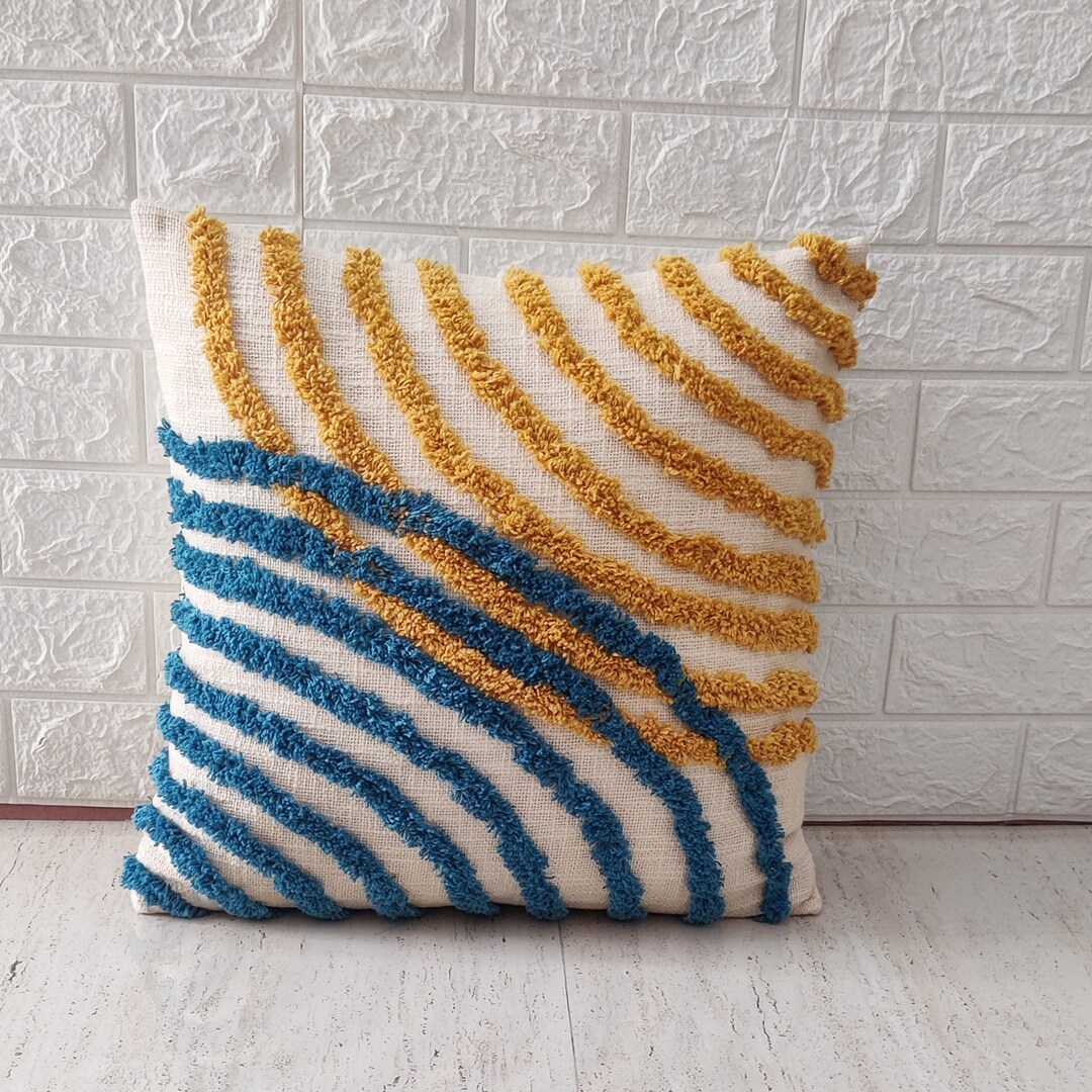 Blue & Mustard Yellow Tufted Throw Pillow Cover: Handmade Boho Cotton ...