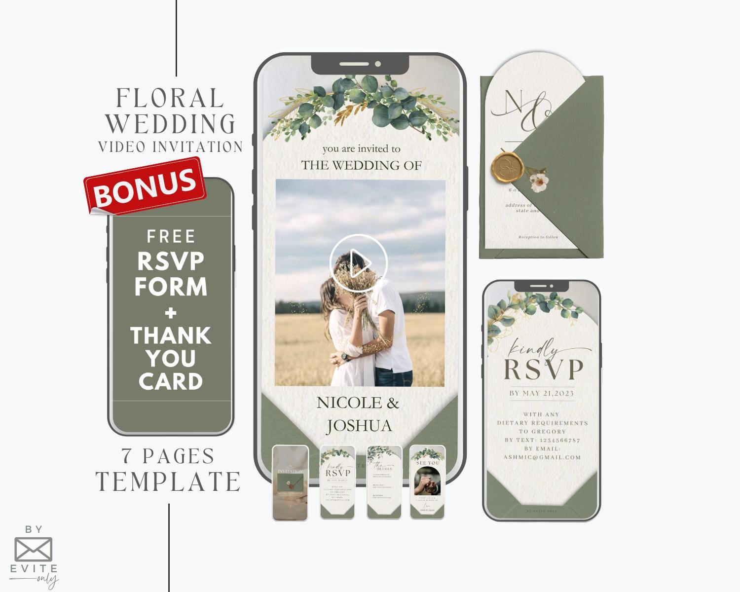 Digital Sage Green Wedding Invitation Video Template, Animated Floral ...