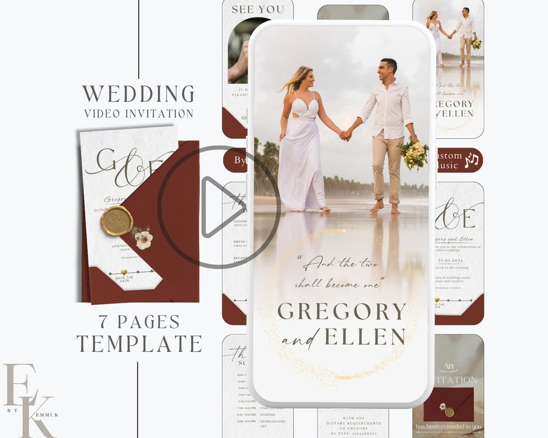 Digital Modern Red Wedding Invitation Template With Envelope, Photo ...