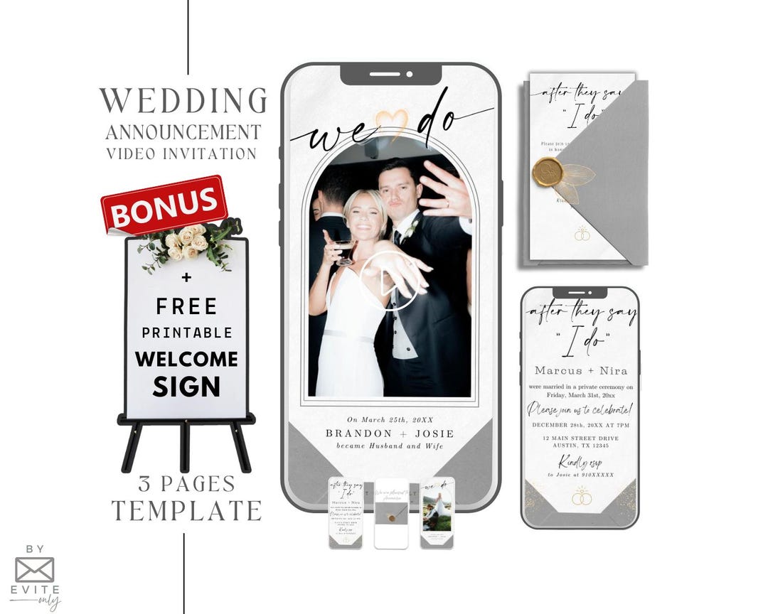 Digital Wedding Elopement Invitation Template, Animated Minimalist Grey ...