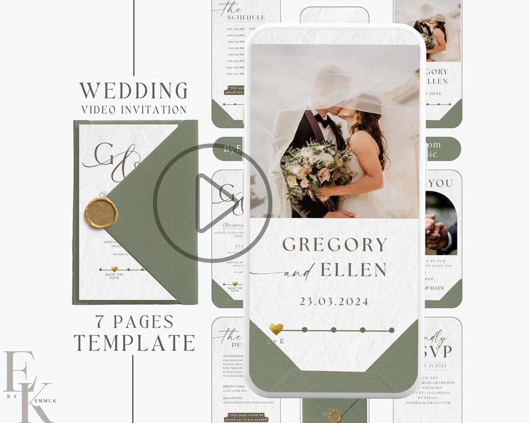Digital Sage Green Wedding Invitation Video With Rsvp Template and ...
