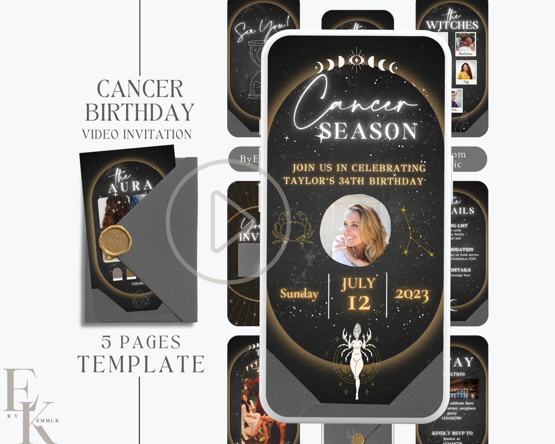 Cancer Birthday Dinner Invitation Template, Editable Zodiac July ...