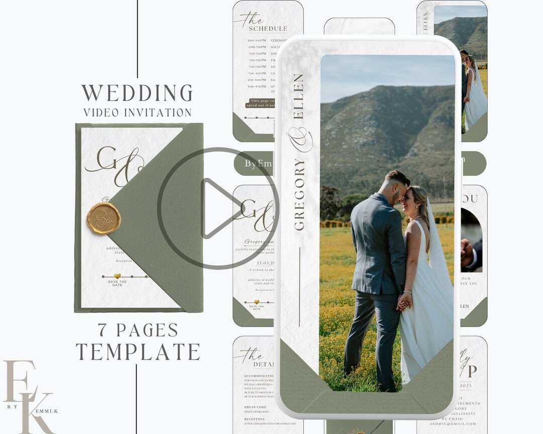 Digital Sage Green Wedding Invitation Suite and Rsvp Template, Animate ...