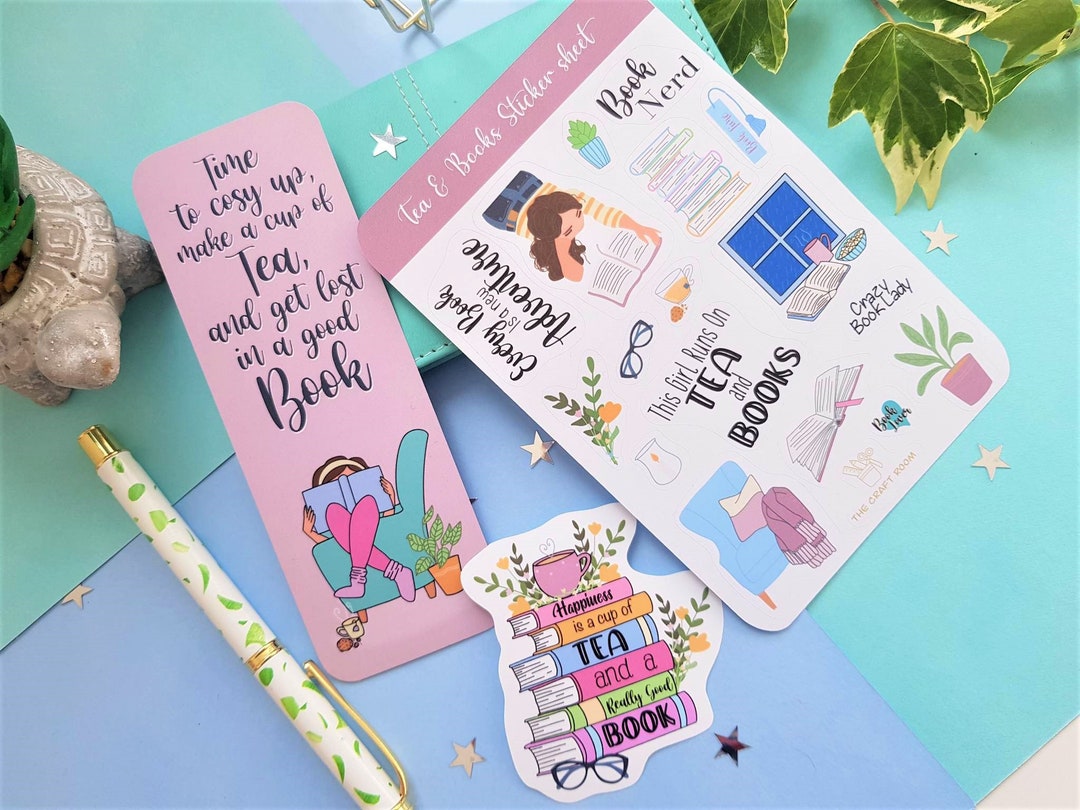 Tea & Books Bundle Sticker Sheet, Bookmark, Die Cut Sticker, Book Cart ...