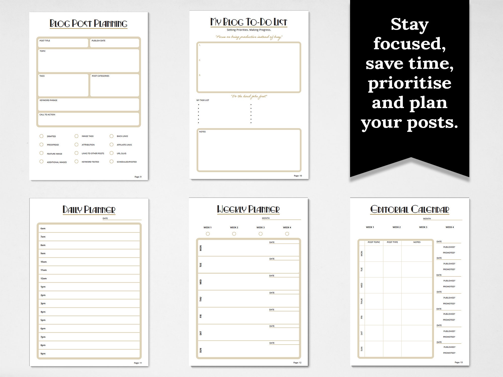 Printable Planner, History Blog Planner, Gold, Blog Planner, Printable ...