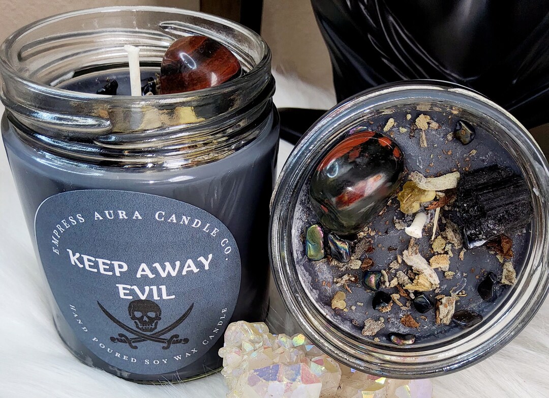 Keep Away Evil Candle: Black Soy Wax, Protection Crystals & Herbs - Etsy