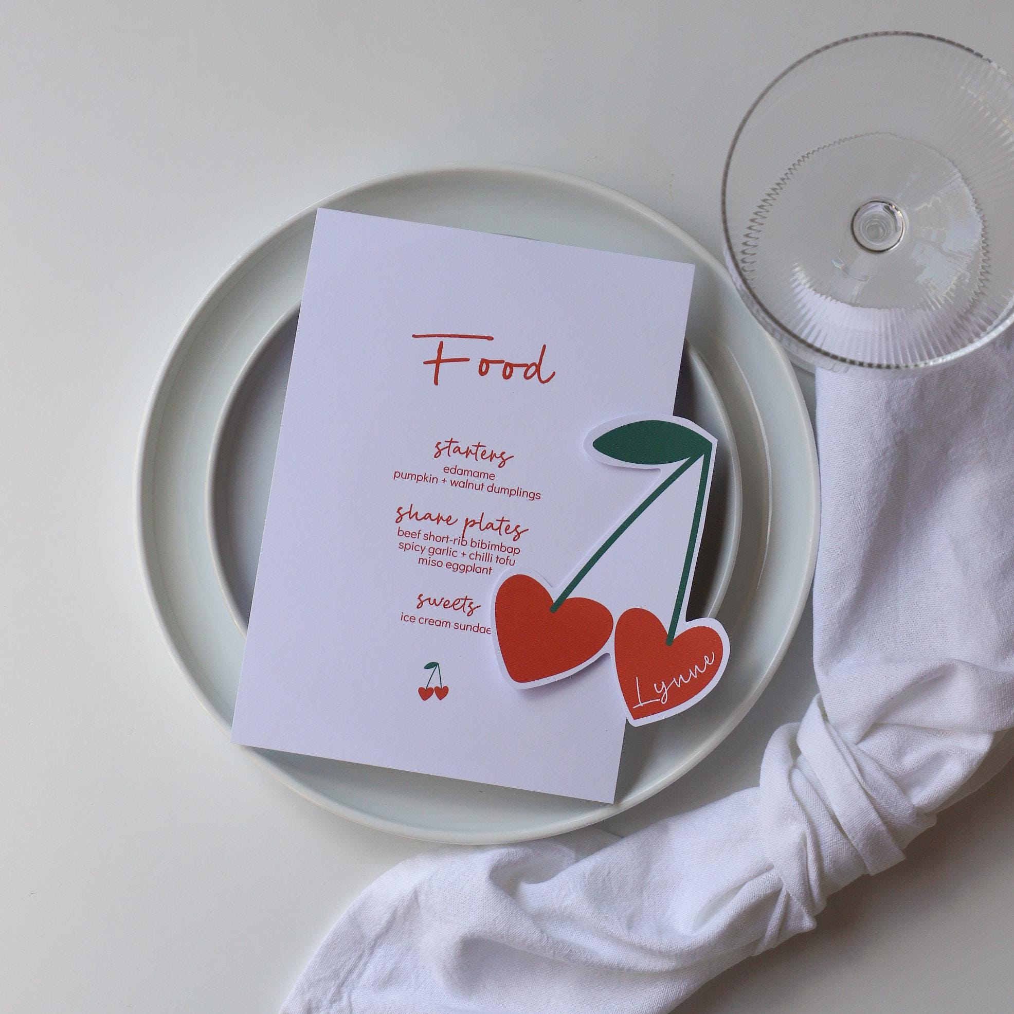 Red Cherry Shaped Place Card & Cherry Menu Template, Mon Cheri Bachelorette, Mon Cheri Menu ...