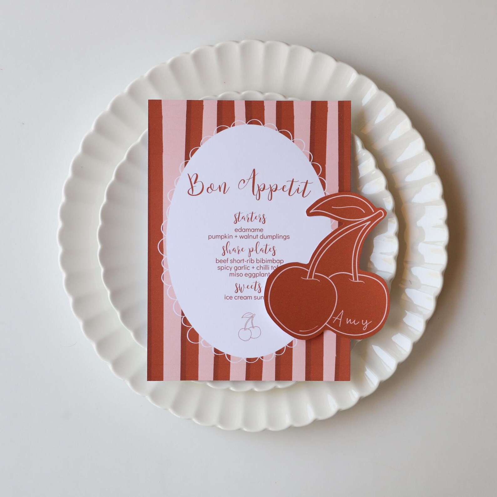 Cherry Shaped Place Card Template and Oval Stripe Menu Template | Red ...