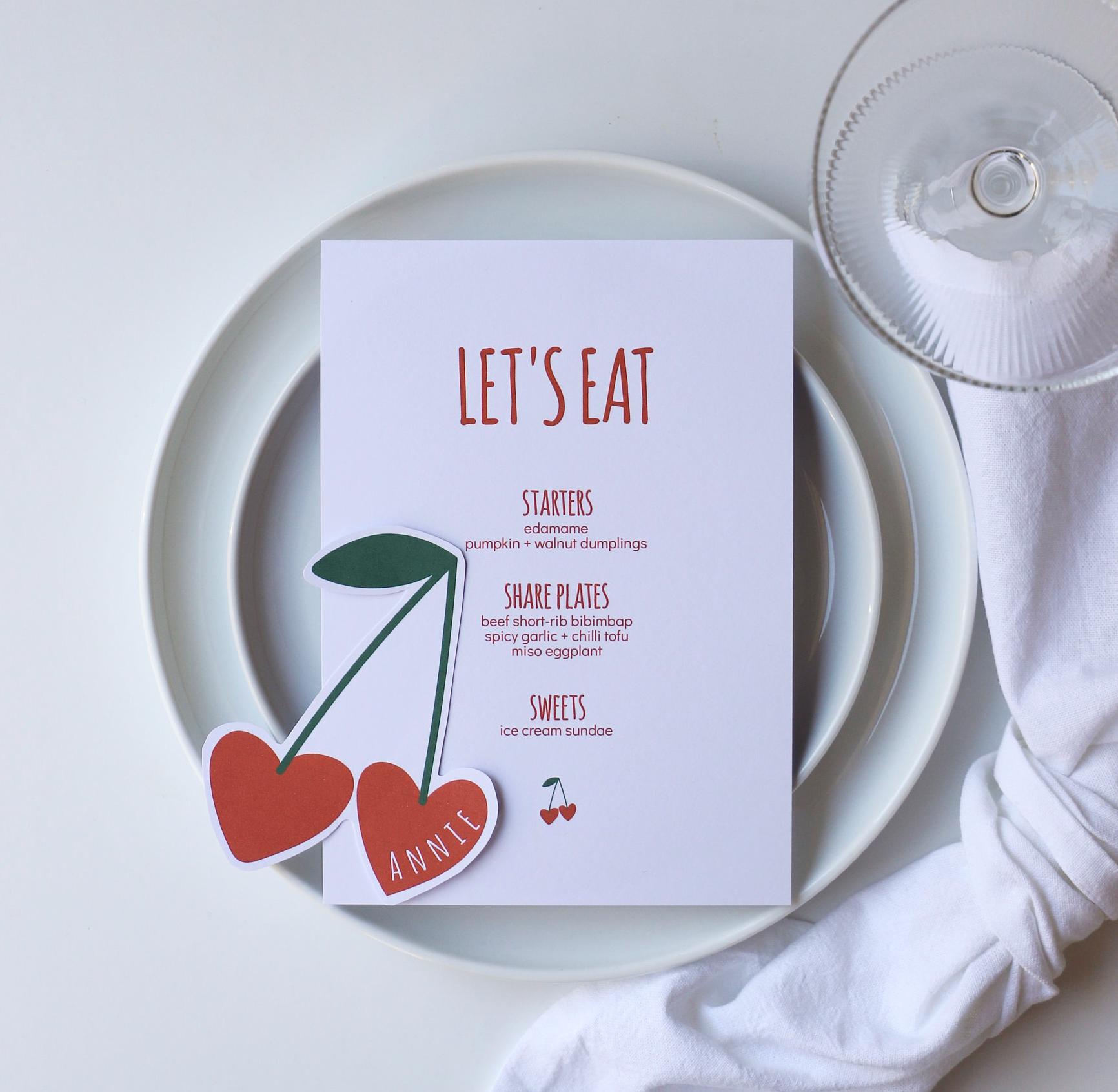 Red Cherry Shaped Place Card & Cherry Menu Template, Mon Cheri ...