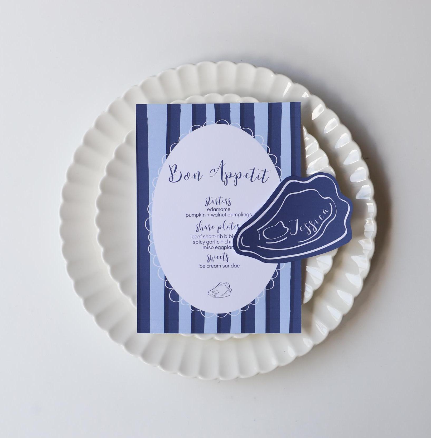 Oyster Shaped Place Card Template and Oval Stripe Menu Template | Blue ...