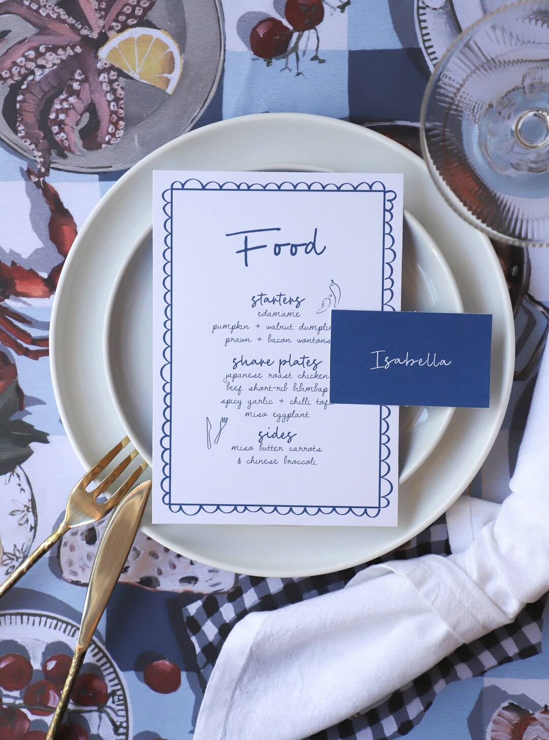 Hand Drawn Blue Menu Template | Italy Wedding Menu, Scalloped Border ...