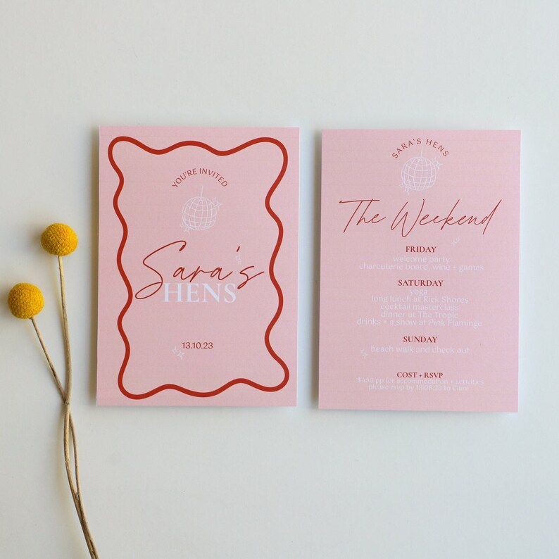 HENS PARTY INVITATION | Wavy Border Pink Modern Bachelorette Weekend ...