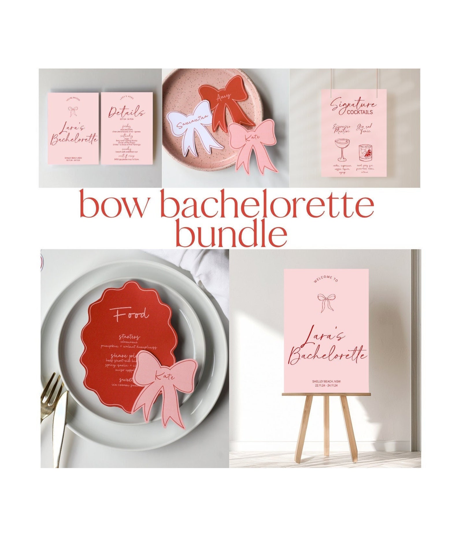 Pink Bow Place Cards and Menu, Bachelorette Party Invitation, Hand ...