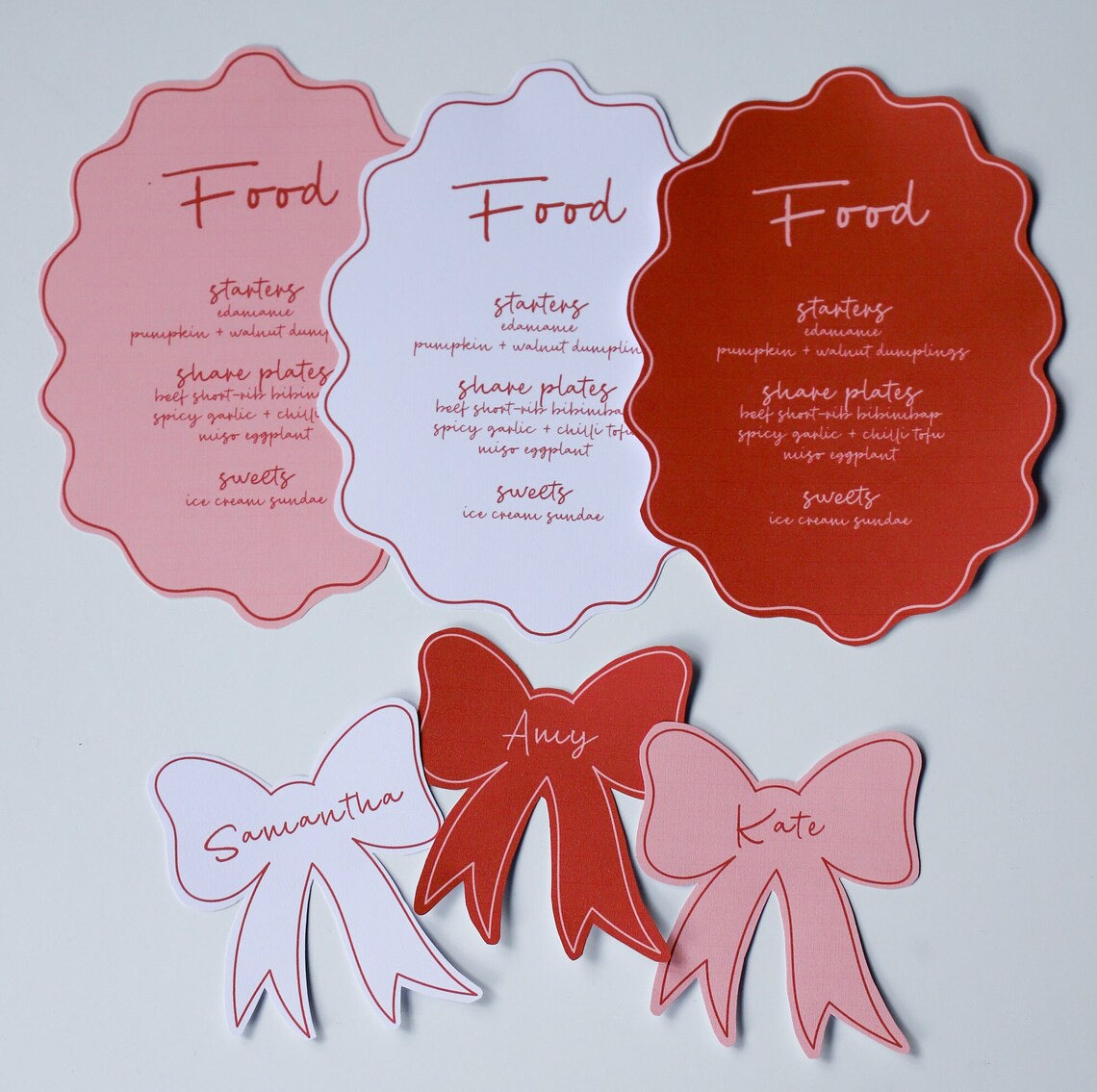 Pink Bow Menu & Bow Place Card Templates Wavy Menu, Shaped Place Cards ...