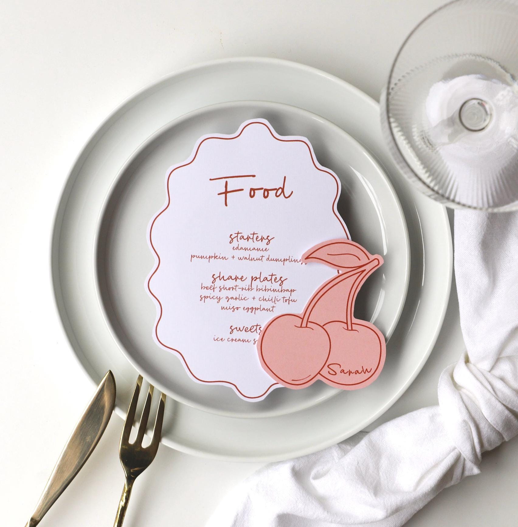 Oval Wave Menu & Cherry Shaped Place Card Templates | Pink Red Cherry ...