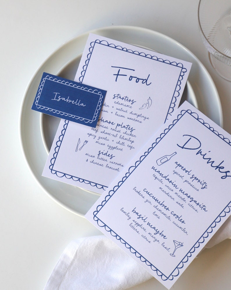 Hand Drawn Blue Menu Template | Italy Wedding Menu, Scalloped Border ...