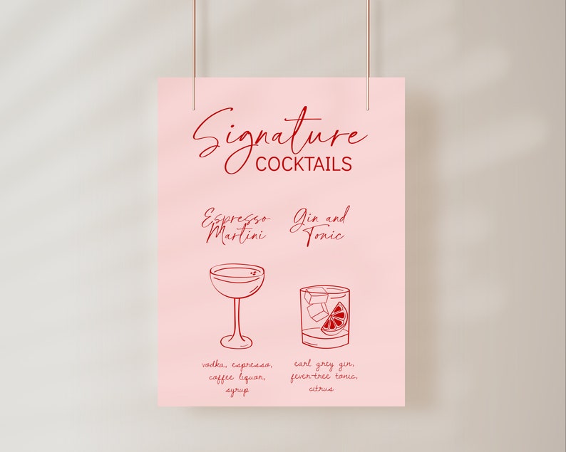 Pink Bow Place Cards and Menu, Bachelorette Party Invitation, Hand ...