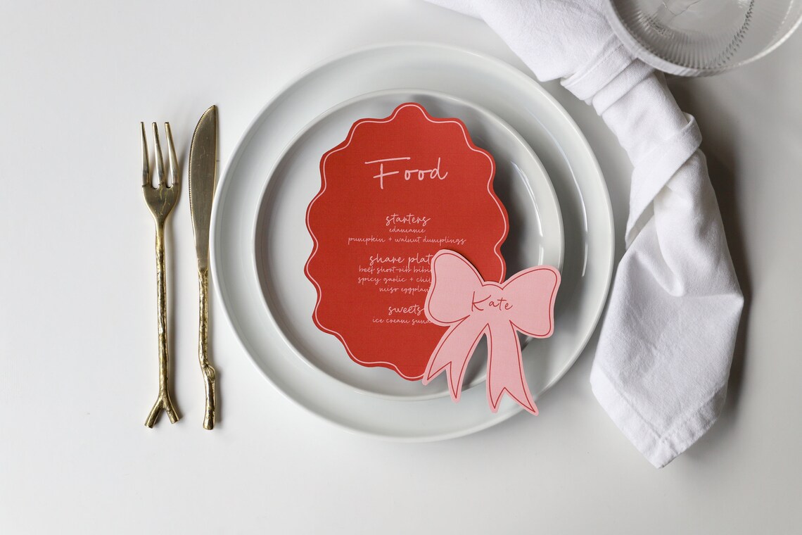 Pink Bow Menu & Bow Place Card Templates Wavy Menu, Shaped Place Cards ...
