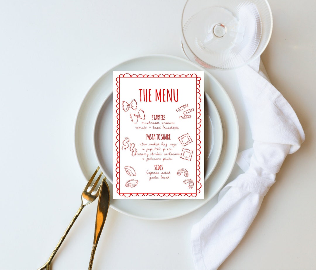 Hand Drawn Italian Menu Template | Red Pasta Menu, Italy Wedding Menu ...