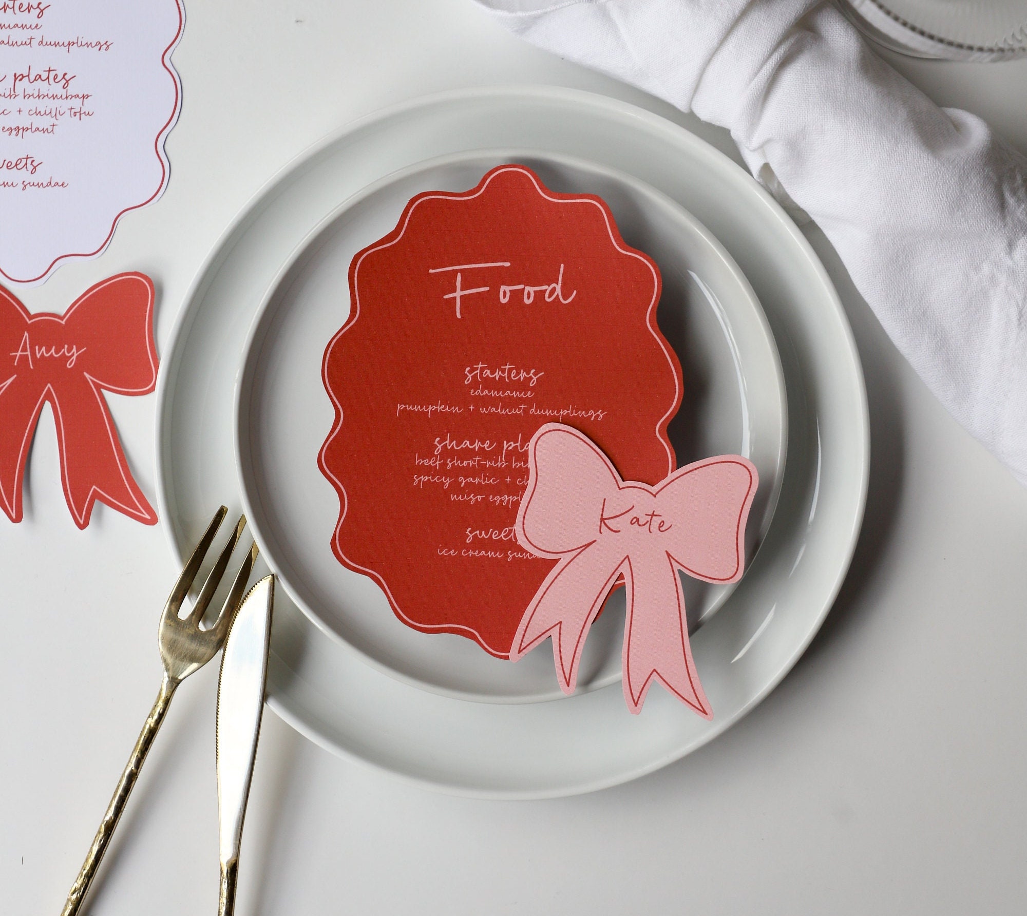 Pink Bow Place Cards and Menu, Bachelorette Party Invitation, Hand ...