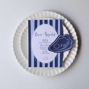 Oyster Shaped Place Card Template and Oval Stripe Menu Template | Blue ...