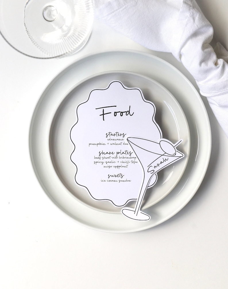 Wave Border MENU & Martini Shaped PLACE CARD Templates Hens ...