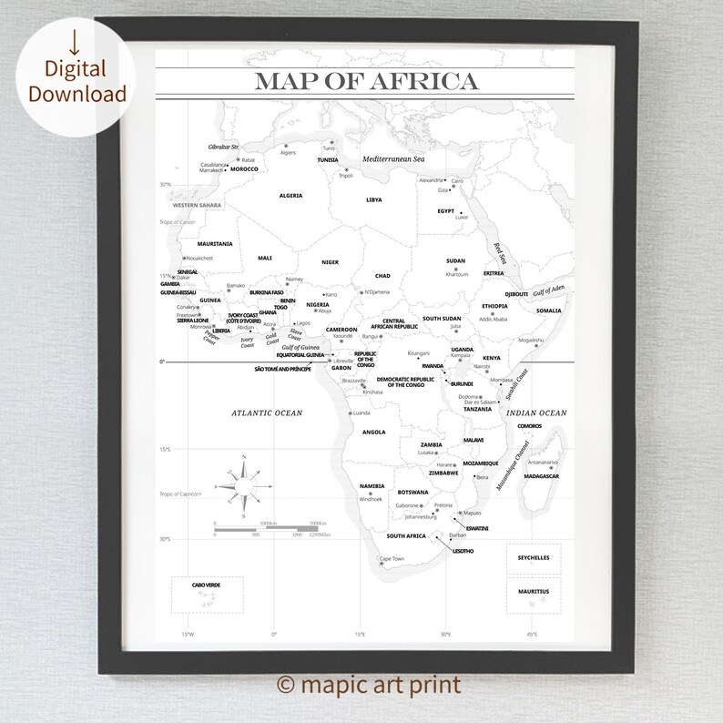 Map of Africa Poster Download Map Printable Map / Black and White Map ...