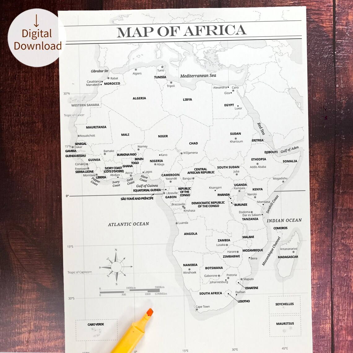 Map of Africa Poster Download Map Printable Map / Black and White Map ...