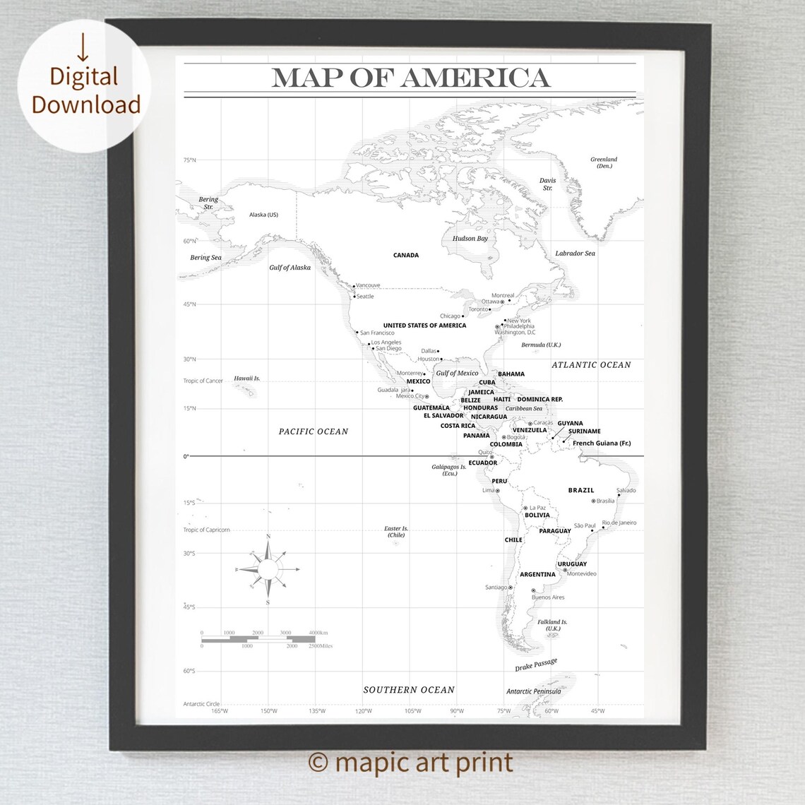 Map of America Poster Download Map Printable Map / Black and White Map ...