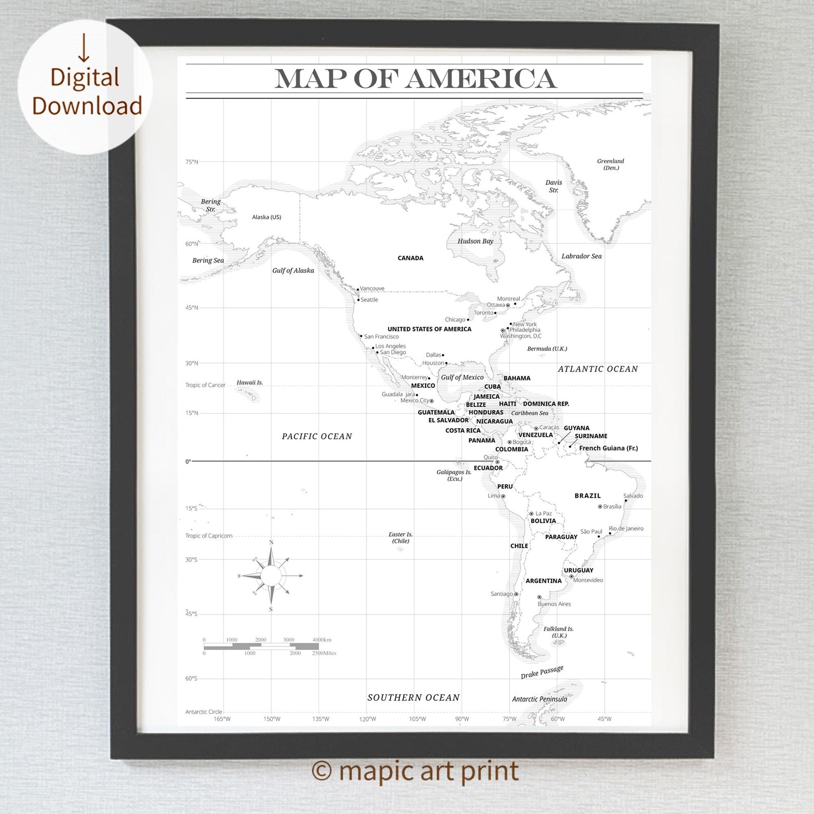 Map of America Poster Download Map Printable Map / Black and White Map ...
