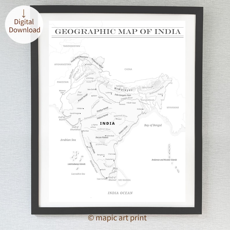 Geographic Map of North India / Printable Map / Black and White Map - Etsy