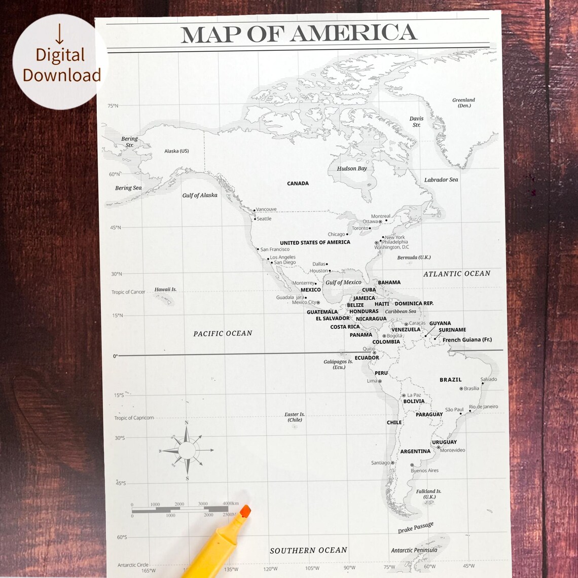 Map of America Poster Download Map Printable Map / Black and White Map ...