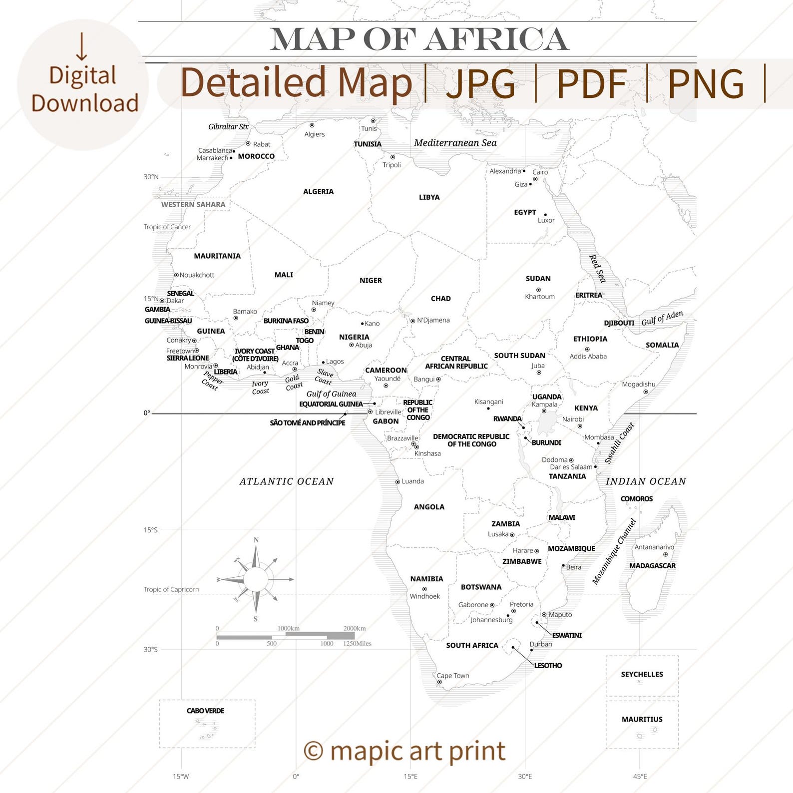 Map of Africa Poster Download Map Printable Map / Black and White Map ...