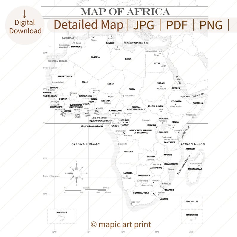 Map of Africa Poster Download Map Printable Map / Black and White Map ...