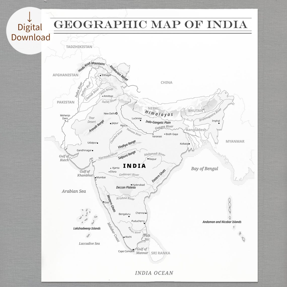 Geographic Map of North India / Printable Map / Black and White Map - Etsy
