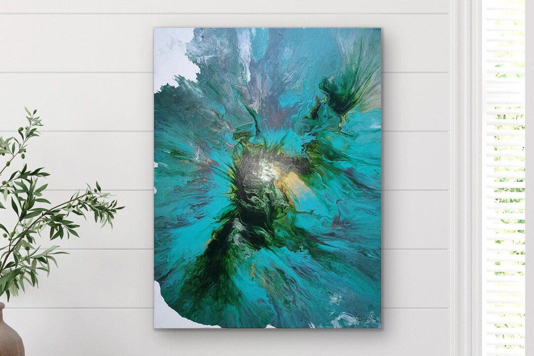 Abstract Acrylic Pour Painting: Teal Green Canvas Wall Art - Etsy
