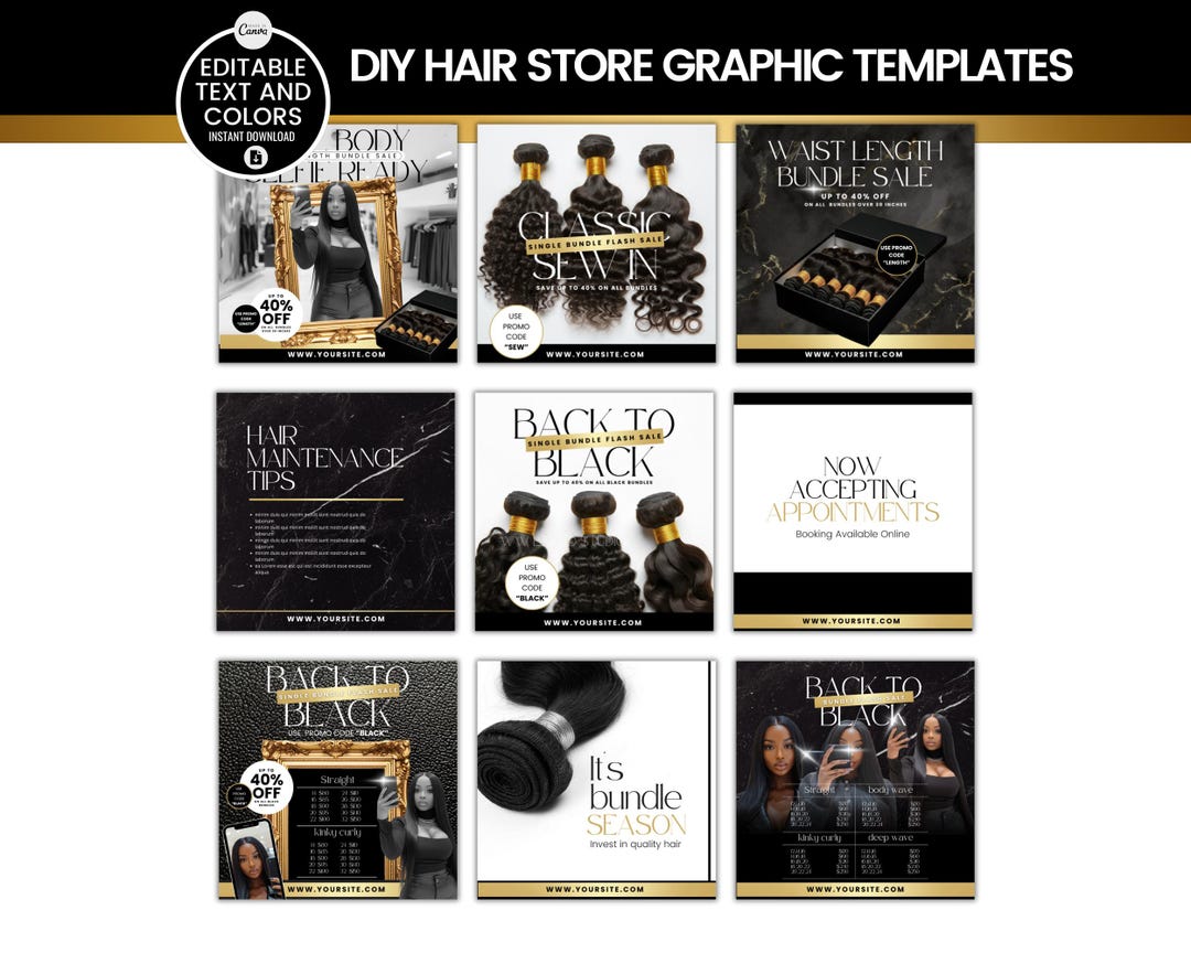 Editable Hair Business Graphic Templates | Canva DIY Marketing Bundle ...