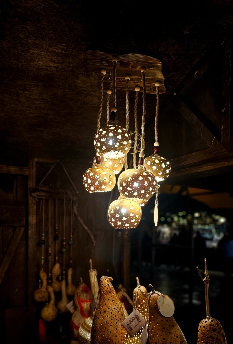 Hanging 7 Gourds Lamp, Wooden Pendant, Rustic Light Fixture, Chandelier ...