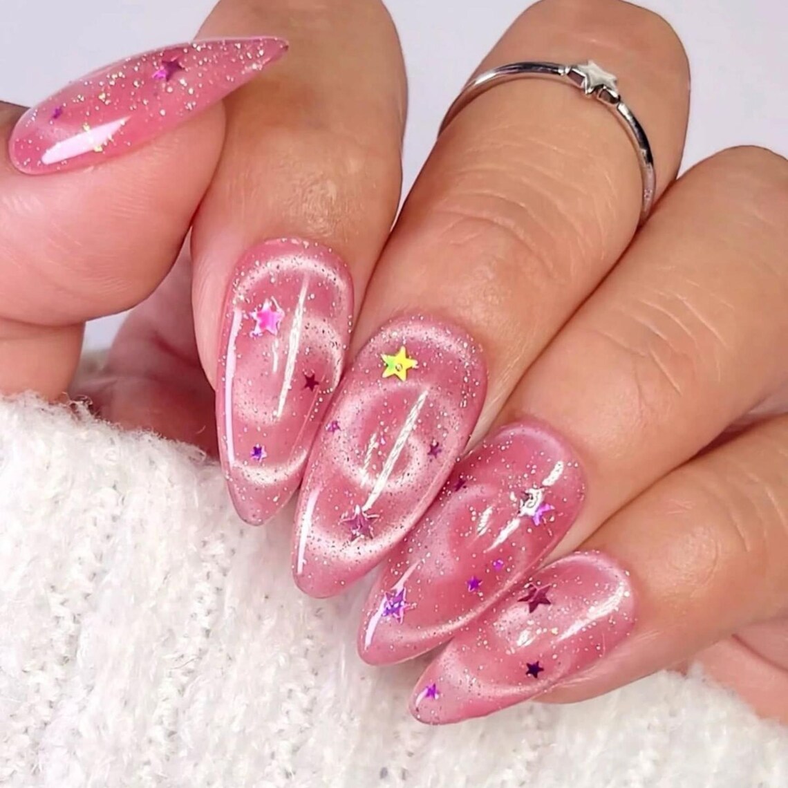 Pink Galaxy Press on Nails, Starry Sky Fake Nails, Glitter Celestial ...