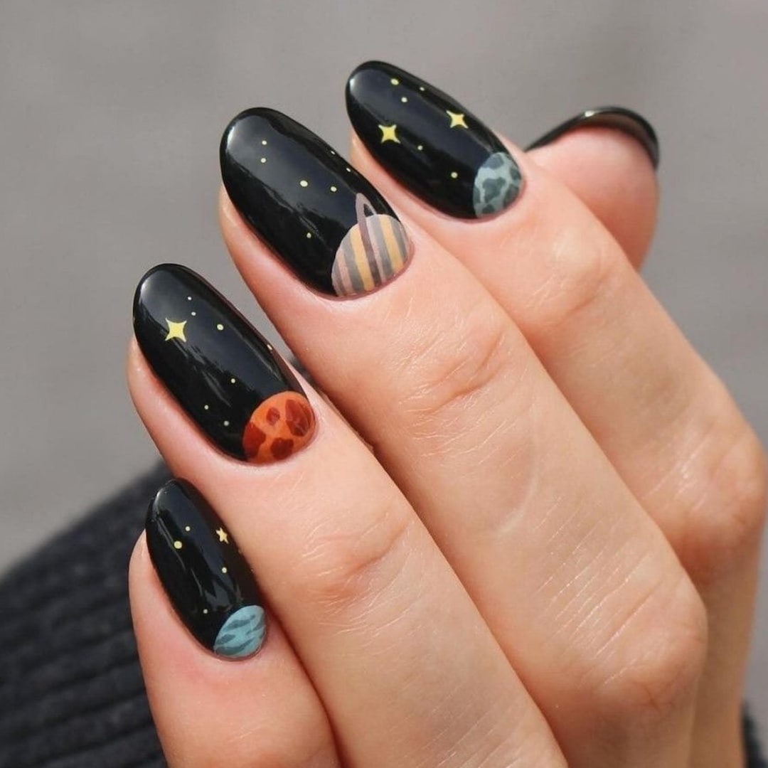 Galaxy Planet Press on Nails, Space Star Fake Nails, Black Cosmic Nail ...
