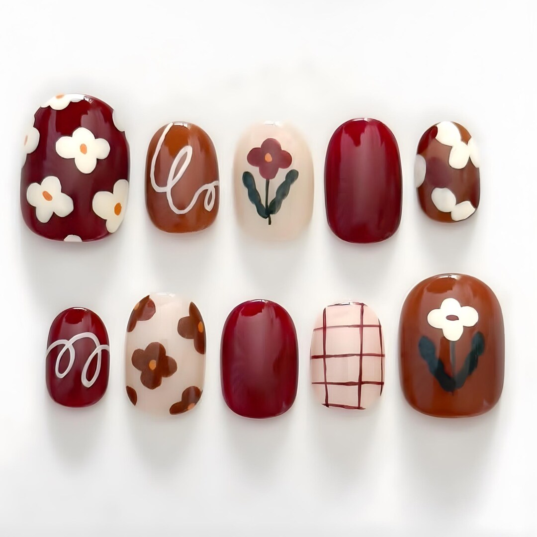 Fall Press on Nails Set, Burgundy Brown Floral Nails, Short Oval Fake ...