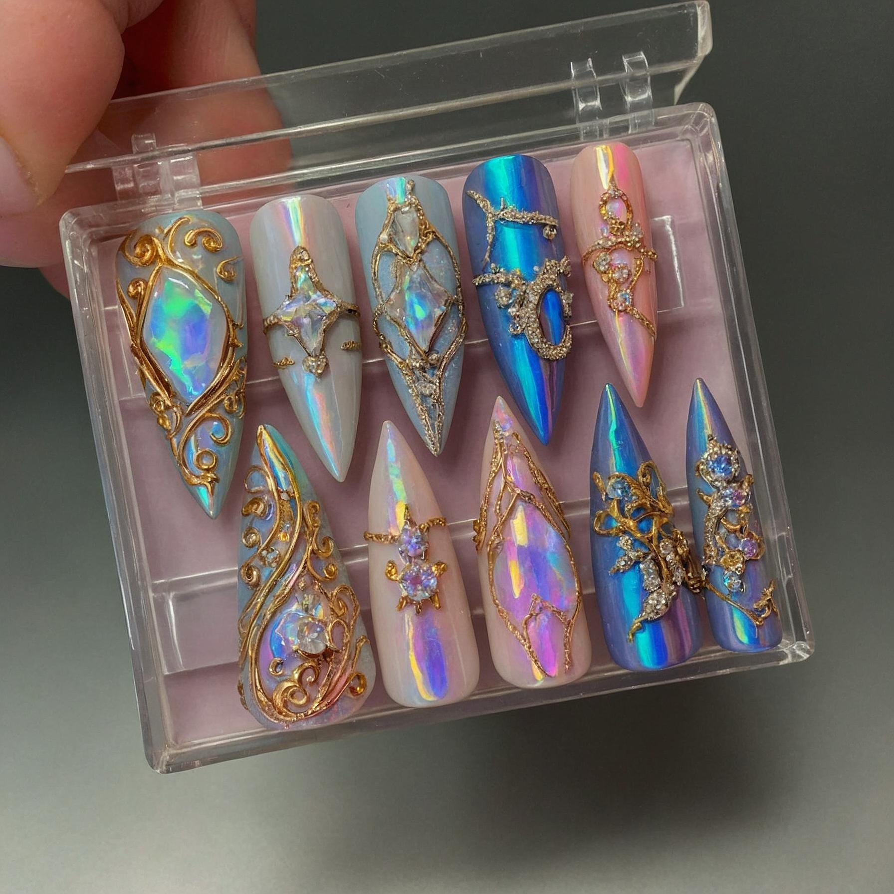 Aurora Jewel Press on Nails | Handmade Chrome Iridescent Nail Art ...