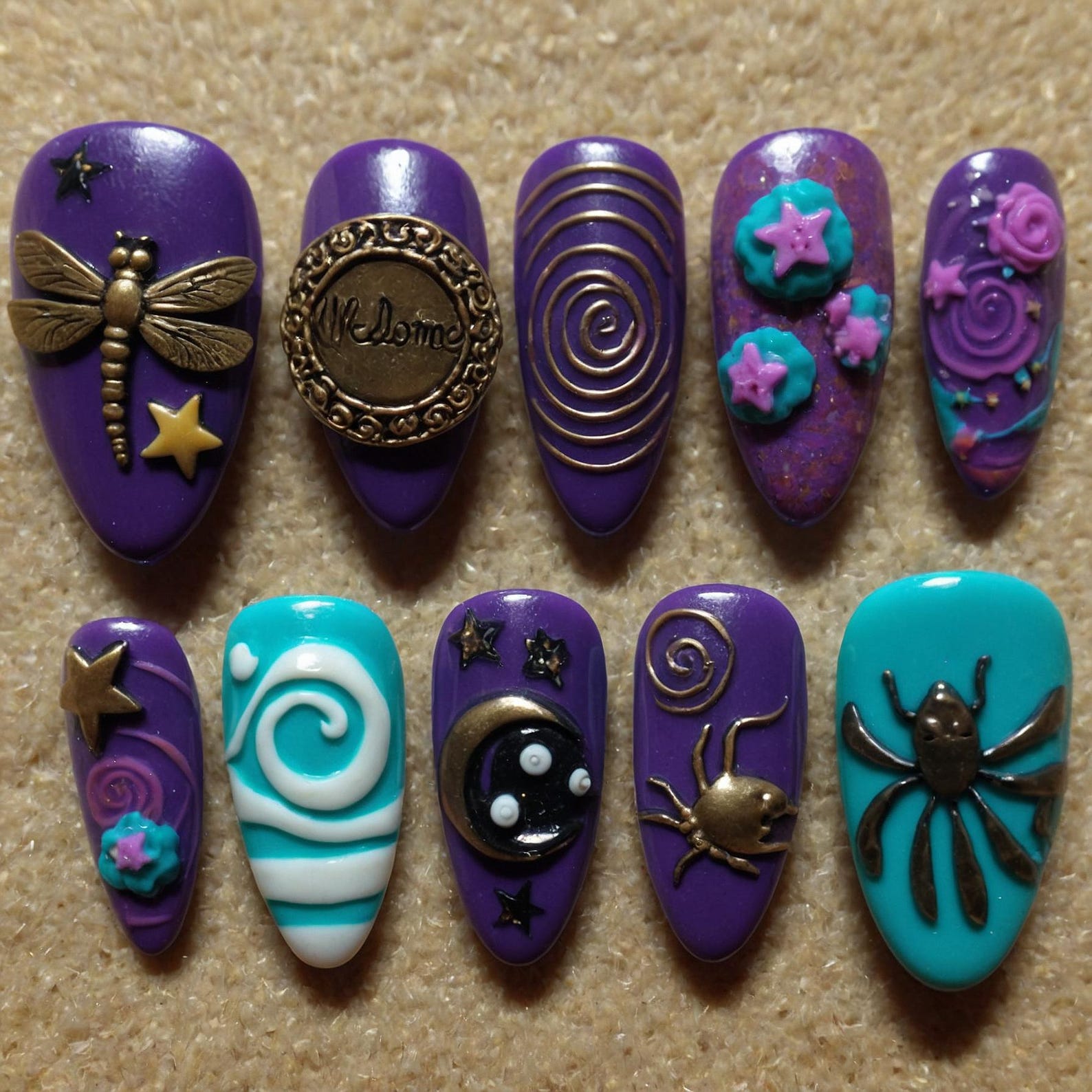 Halloween Purple Spider Nails, 3D Press on Nails With Dragonfly, Moon ...
