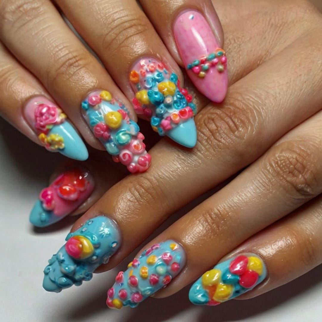 Candy Color 3D Press on Nails, Kawaii Cake Fake Nails, Sweet Pastel ...