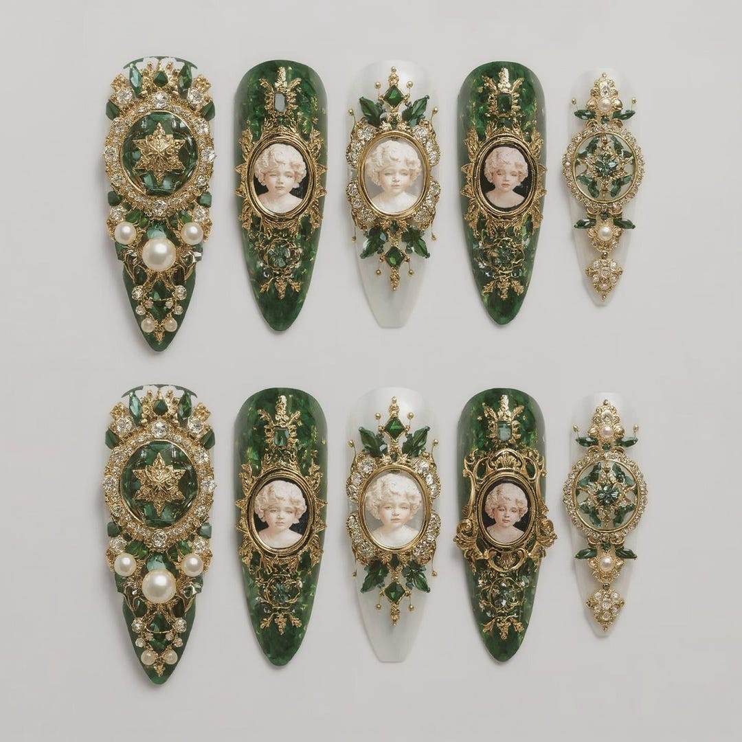 Vintage Baroque Portrait Press on Nails, Green & Gold Nail Art ...