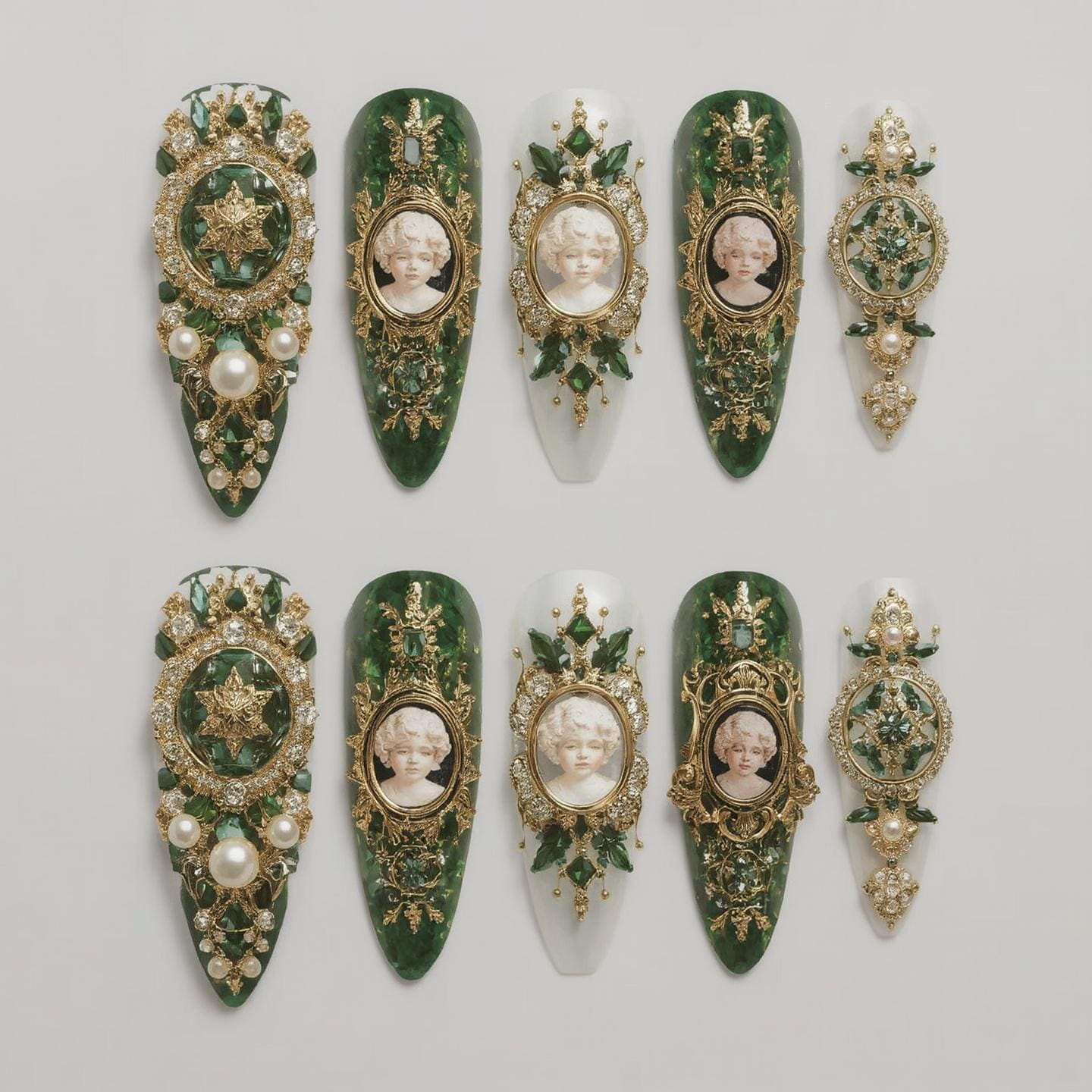 Vintage Baroque Portrait Press on Nails, Green & Gold Nail Art ...