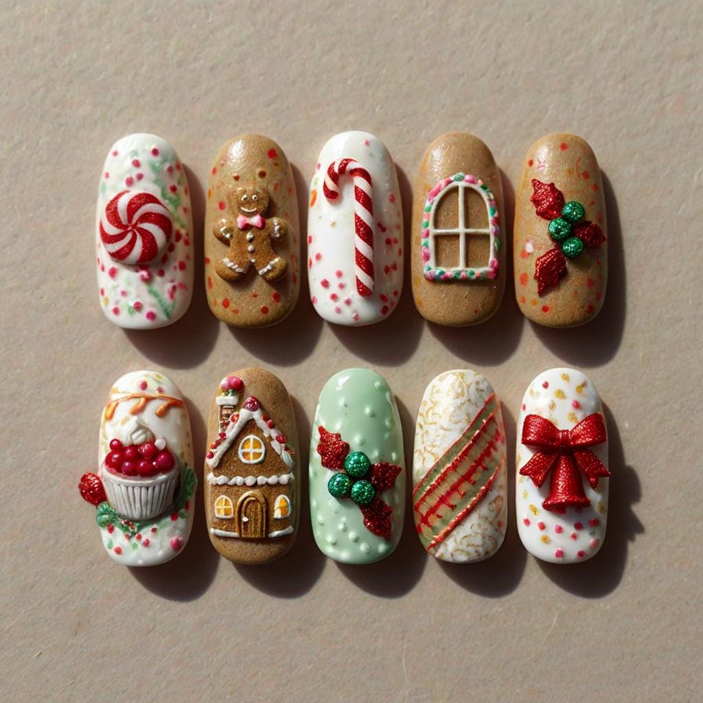 Gingerbread House Christmas Nails, Holiday Candy Cane Press Ons, Cute ...