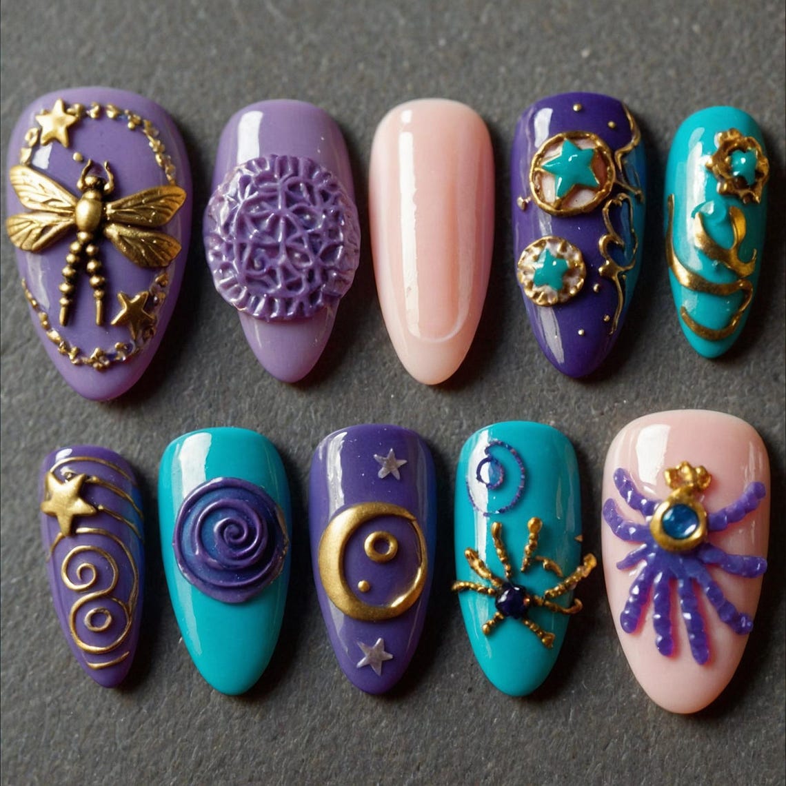 Halloween Purple Spider Nails, 3D Press on Nails With Dragonfly, Moon ...